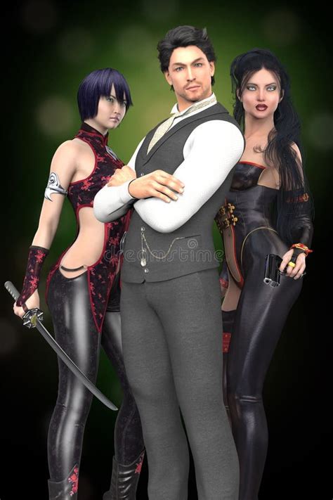 Three Characters In RPG Style With Katana Sword And Gun Stock Illustration Illustration Of