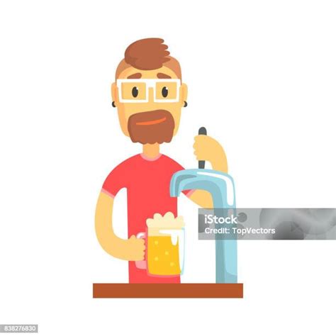 바에서 바텐더 남자 캐릭터 서 붓는 맥주 일 만화 벡터 일러스트 레이 션에 바텐더 카운터 남자에 대한 스톡 벡터 아트 및 기타