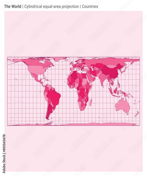 World Map Cylindrical Equal Area Projection Countries Style High