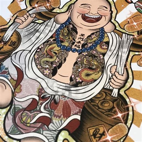 尾九 刺青画 七福神 布袋さま 双龍 笑門来福 A4サイズ フレーム付き iichi 日々の暮らしを心地よくするハンドメイドやアンティーク