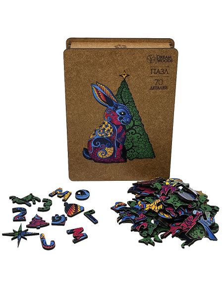 Деревянные пазлы для взрослых и детей Dream Woods Новогодний Зайка , 70 ...