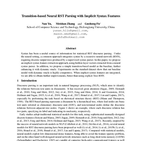 Transition Based Neural Rst Parsing With Implicit Syntax Features Acl Anthology