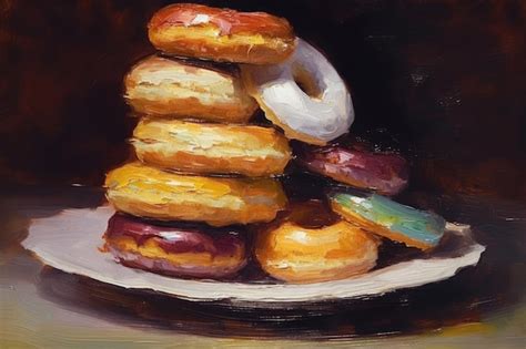 Premium Ai Image A Painting Of A A Stack Of Assorted Doughnuts On A Plat