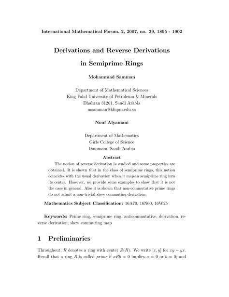 Pdf Derivations And Reverse Derivations In Semiprime Rings