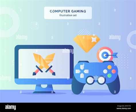computer gaming illustration set sword on display monitor computer nearby joystick game diamond