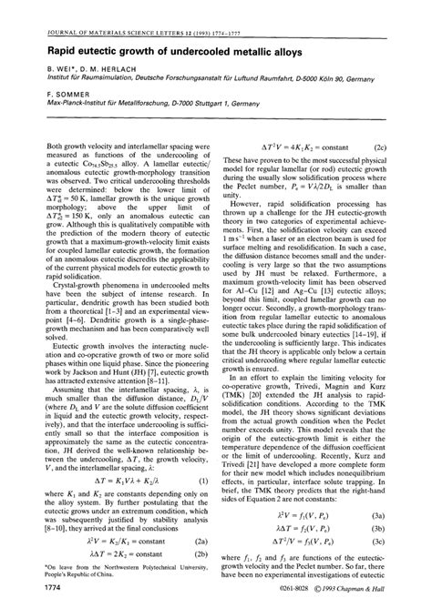 Pdf Rapid Eutectic Growth Of Undercooled Metallic Alloys