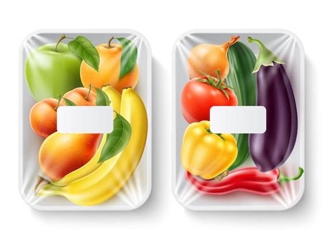 Лотки для продуктов с фруктами и овощами реалистичная пластиковая ...