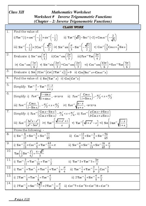 Inverse Trigo Functions Class Xii Mathematics Worksheet Worksheet 4 Inverse Trigonometric