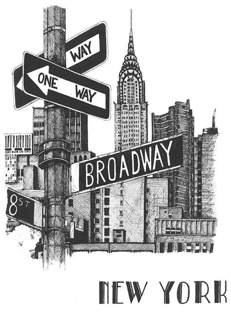 A4 Broadway Art Print New York Cityscape Black And White Etsy New York Illustration New
