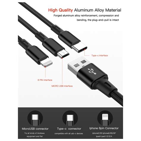 Кабел за данни 3n1 Usb Usb C Microusb тип Lightning 1 2 м черен Emag Bg