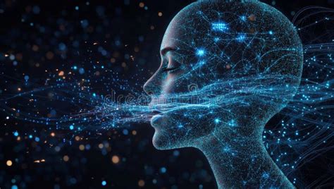 Futuristic Ai Neural Network Concept With Digital Human Profile And Data Streams Stock