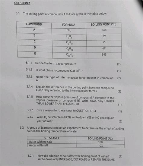 Question 3 31 The Boiling Point Of Compounds A To E Are Given In The Table Below Compound