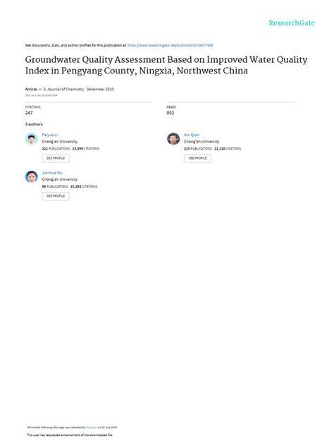 Groundwater Quality Assessment Based On Improved Water Quality Index In