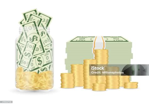 동전과 달러 지폐 더미가 있는 돈 항아리 또는 돈 병 성장하는 돈 저축 및 투자 개념 100 달러 지폐 미국 지폐 통화에 대한 스톡 벡터 아트 및 기타 이미지 100