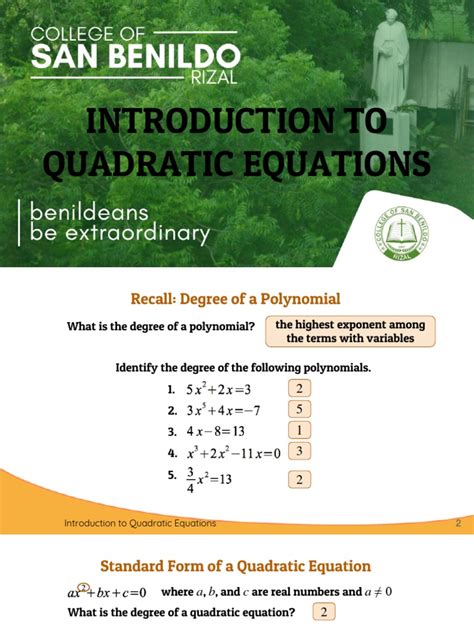 Lesson 1 Introduction To Quadratic Equation Pdf Equations Polynomial