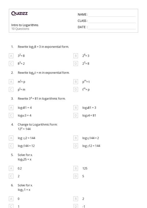 50 Logarithms Worksheets For 11th Class On Quizizz Free And Printable