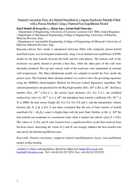 Pdf Natural Convection Flow Of A Hybrid Nanofluid In A Square