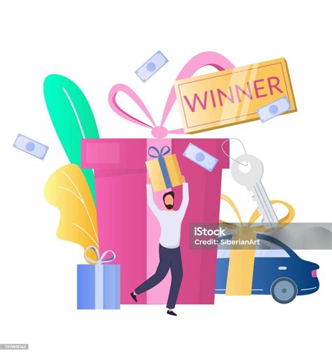 해피 맨 선물 상자 플랫 벡터 일러스트와 행운의 상금 수상자 추첨 복권 경품 추첨 개념 래플에 대한 스톡 벡터 아트 및 기타 이미지 Istock