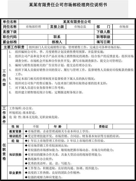 市场部经理岗位说明书 word文档在线阅读与下载 免费文档