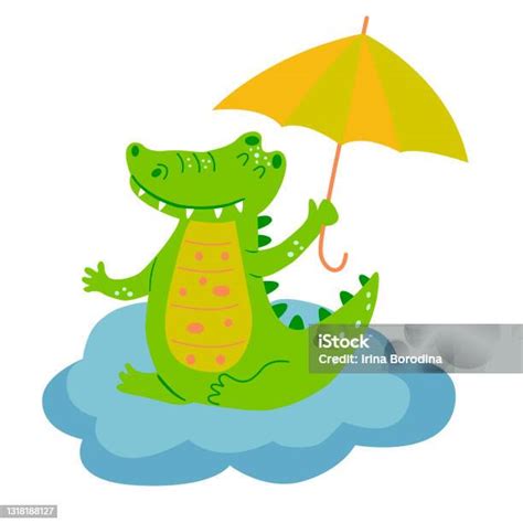 푸른 구름에 귀여운 만화 악어와 이미지 흰색 배경의 벡터 그래픽입니다 포스터 엽서 노트북 커버 어린이 일러스트레이션 머그컵 프린트 의 디자인용 가공의 인물에 대한 스톡 벡터