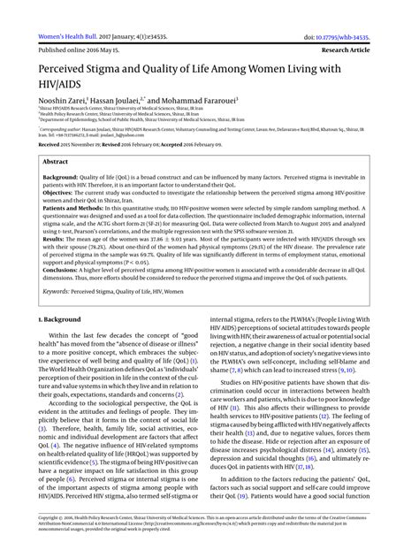 Pdf Perceived Stigma And Quality Of Life Among Women Living With Hivaids