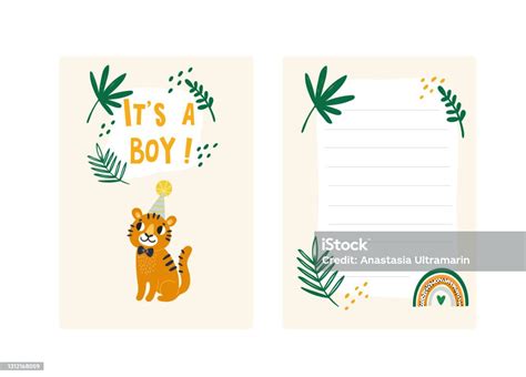 베이비 샤워 초대장 성별은 파티 인사말 카드를 공개합니다 그것은 소년입니다 만화 스타일의 귀여운 호랑이 열대 잎 보육을위한 트렌디 한 엽서 또는 포스터 벡터 그림입니다