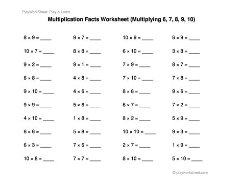 Basic Multiplication Facts Worksheet Multiplying 6 7 8 9 And 10