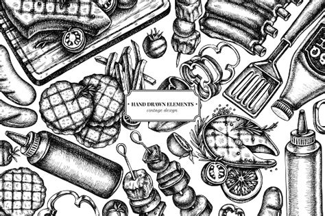 검은 색과 흰색 주걱 돼지 갈비 케밥 소시지 스테이크 소스 병 구운 햄버거 패티 구운 토마토 구운 연어 스테이크 구운 피망으로 디자인 드로잉에 대한 스톡 벡터 아트 및 기타