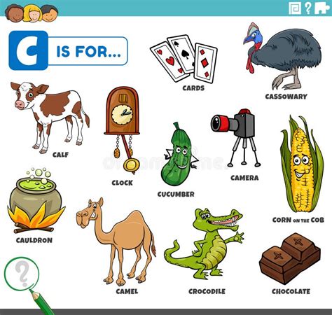 Letter C Words Educational Set With Cartoon Characters Stock Vector