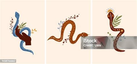 손 나뭇잎 신비로운 달 주위에 신비로운 뱀이 있는 보헤미안 구성 천체 디자인은 포스터 배너에 적합합니다 마법의 상징 벡터 그림