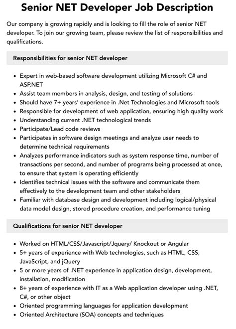 Senior Net Developer Job Description Velvet Jobs