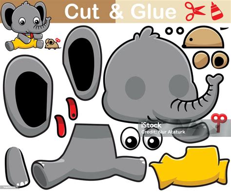 쥐 장난감을 가진 작은 코끼리 만화의 벡터 그림 아이들을위한 교육 종이 게임 컷 아웃 및 접착 앉음에 대한 스톡 벡터 아트 및 기타 이미지 Istock