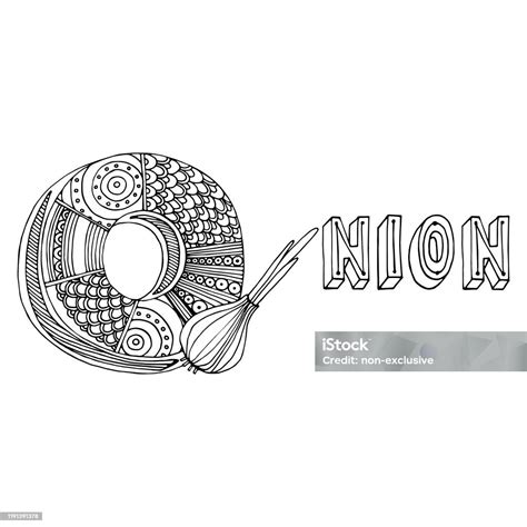 손 그리기 장식 O 편지와 양파 색칠 페이지 배경 화면 인쇄 카드 포스터에 대한 간단한 검은 색 개요 그림 흰색 격리 된 배경에 기하학적 패턴입니다 0명에 대한 스톡 벡터