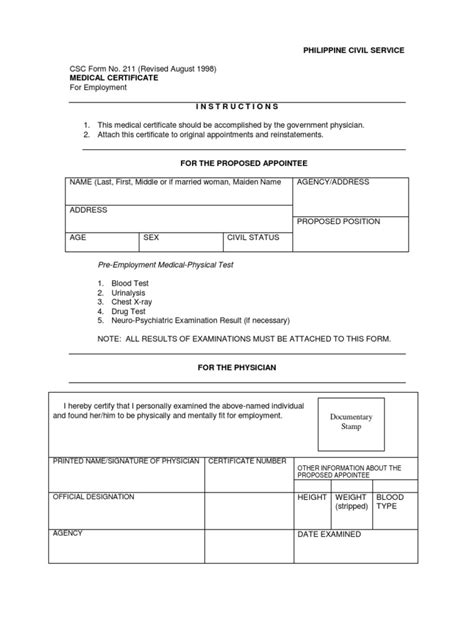csc form 211 medical certificate pdf pdf health sciences
