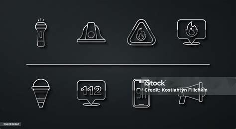 세트 라인 손전등 화재 콘 버킷 화재 불꽃이 있는 위치 모바일 비상 전화 911 긴급 소방관 헬멧 확성기 및 삼각형 아이콘 벡터 Brand Name Smart Phone에