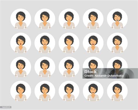 벡터 젊은 성인 여성 아바타와 이모티콘 플랫 스타일 전면보기로 설정합니다 감정에 대한 스톡 벡터 아트 및 기타 이미지 감정 개체 그룹 걱정하는 Istock