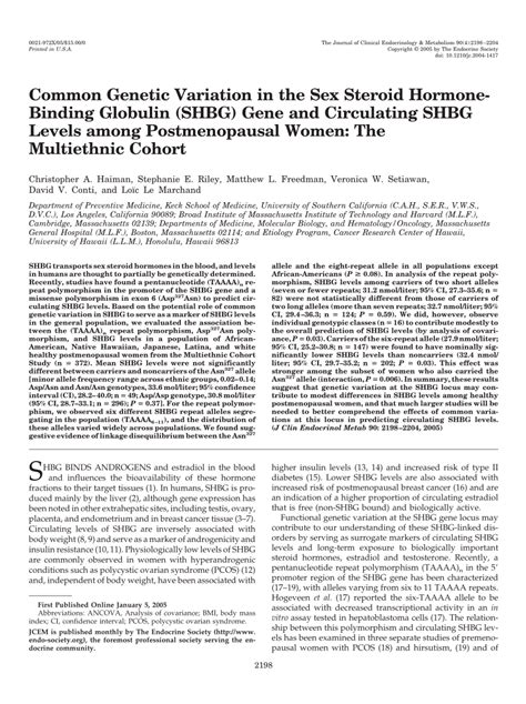 Pdf Common Genetic Variation In The Sex Steroid Hormone Binding Globulin Shbg Gene And