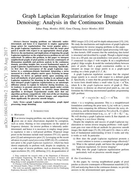 Pdf Graph Laplacian Regularization For Image Denoising Analysis In The Continuous Domain