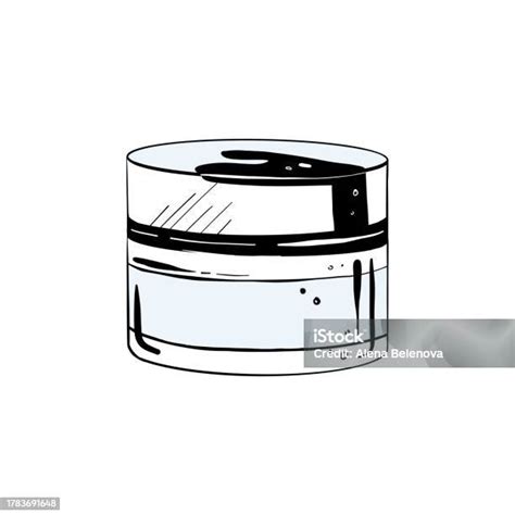 흰색 바탕에 얼굴 크림 항아리의 벡터 그림 뚜껑이 있는 닫힌 용기의 검은색 윤곽선 그래픽 그림 엽서 디자인 및 구성 장식 지문 포스터 스티커 기념품 문신 우표 개체 그룹에