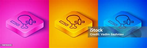 아이소메트릭 라인 분홍색과 주황색 파란색 배경에 분리된 닭 다리 아이콘이 없습니다 패스트 푸드는 허용되지 않습니다 채식 음식 정사각형 버튼 벡터 3차원 형태에 대한 스톡