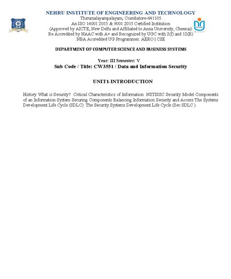 Information Security Unit 1 Nehru Institute Of Engineering And