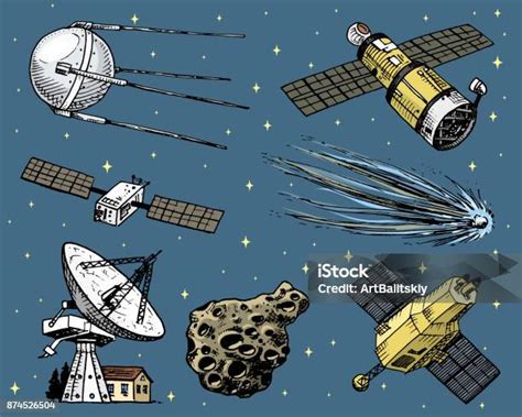 우주 왕복선 전파 망원경 혜성 소행성과 운 석 우주 비행사 탐사 오래 된 스케치 라벨에 대 한 빈티지 스타일에 새겨진된 핸드 우주선 비행 하늘에 발사 하는 로켓 관광객에