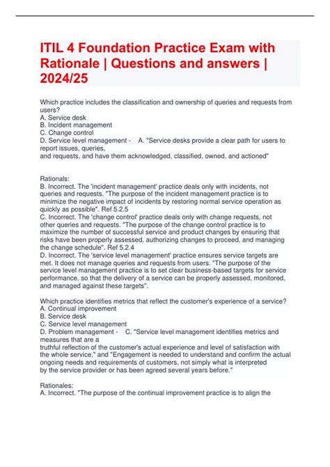 Itil 4 Foundation Practice Exam With Rationale Questions And Answers 2024 25 Itil 4