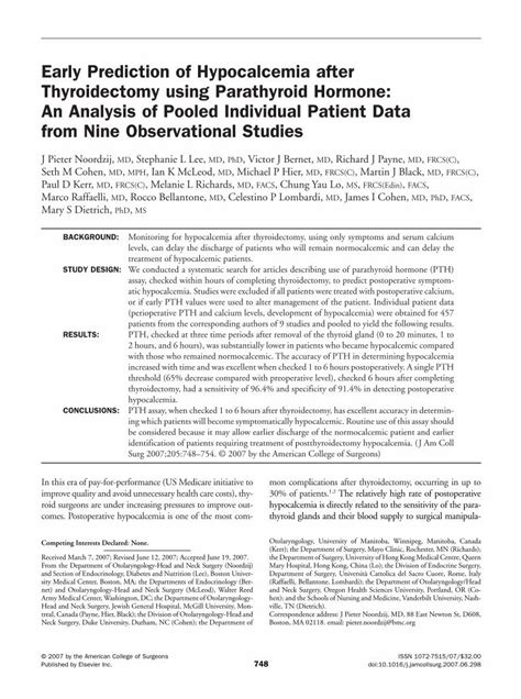 Pdf Early Prediction Of Hypocalcemia After Thyroidectomy Using Parathyroid Hormone An