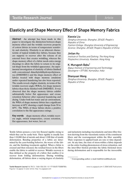 PDF Elasticity And Shape Memory Effect Of Shape Memory Fabrics