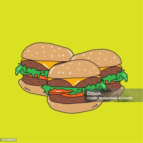 벡터 그림입니다 치즈 토마토 샐러드를 곁들인 햄버거 건강에 해로운 음식 윤곽만화 스타일의 스티커 패치 장식 옷 배지 포스터 엠블럼 메뉴 용 인쇄물 건강한 식생활에 대한 스톡