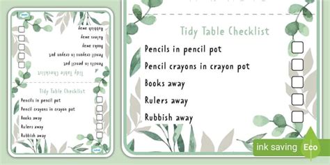 Botanical Themed Tidy Table Checklist Teacher Made