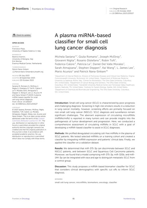 Pdf A Plasma Mirna Based Classifier For Small Cell Lung Cancer Diagnosis