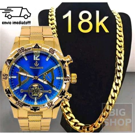 Relógio masculino Dourado aço inox de pulso + corrente aço inoxidável ...