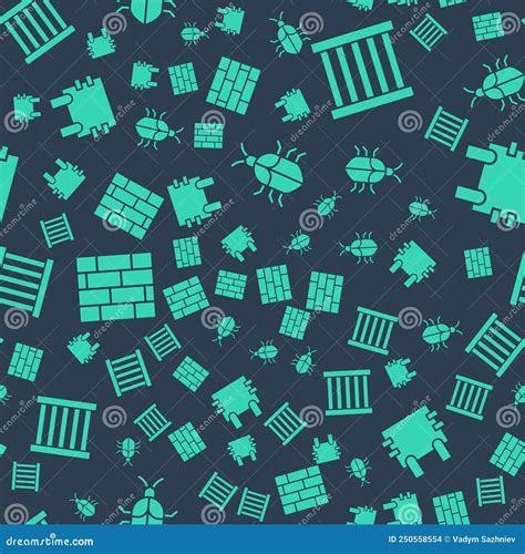 Set System Bug Concept Prison Window Bricks And Bulletproof Vest On Seamless Pattern Vector